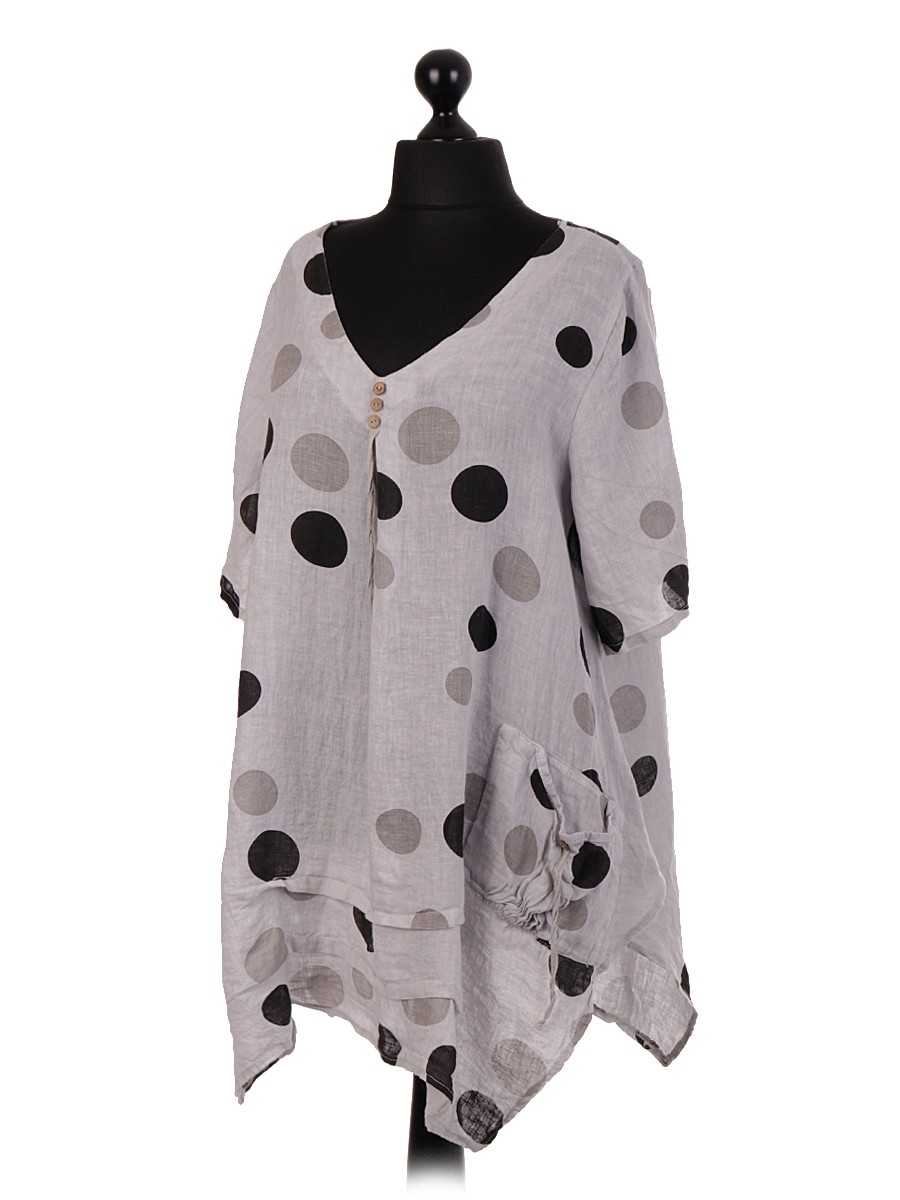 Wholesale Italian Polka Dot Front Pocket Linen Tunic Top