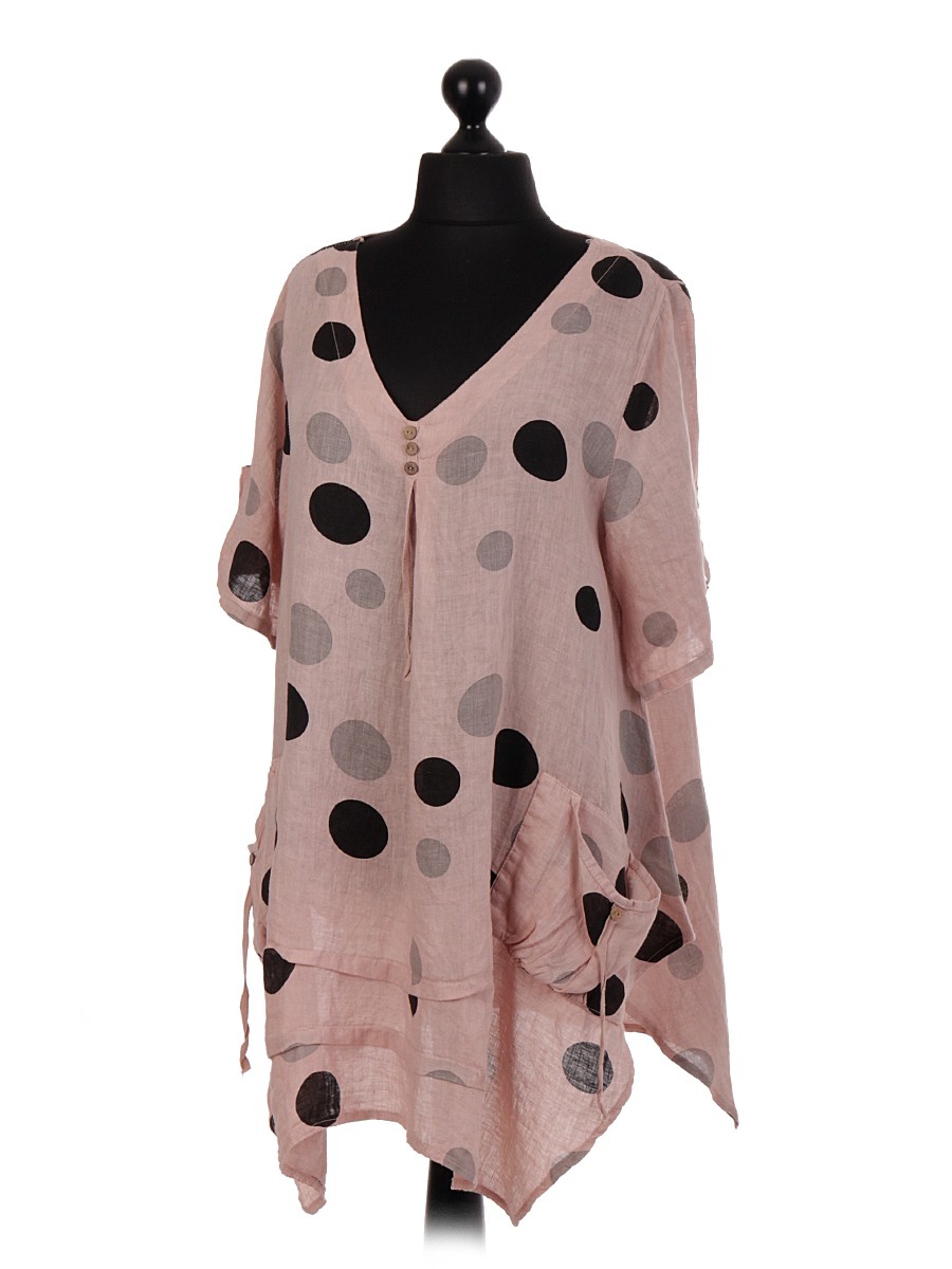 Wholesale Italian Polka Dot Front Pocket Linen Tunic Top